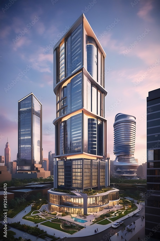 Design a 3D model of a sleek, modern city building tower that stands as ...