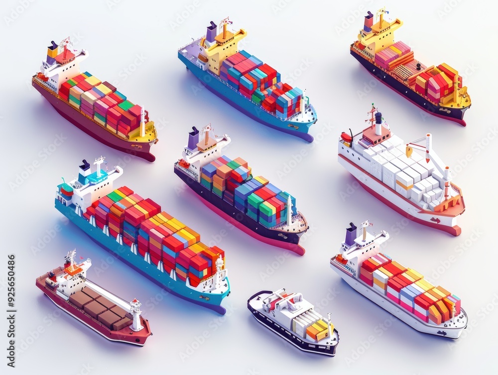 A collection of different colored cargo ships. The ships are all ...
