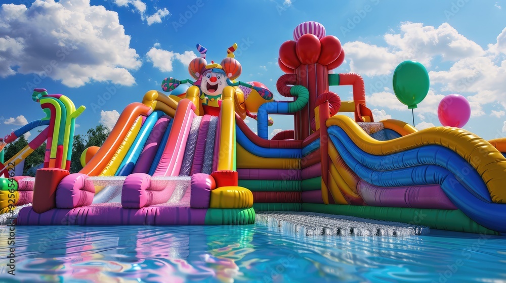 Inflatable slide with cartoon-shaped pool It consists of a water slide ...