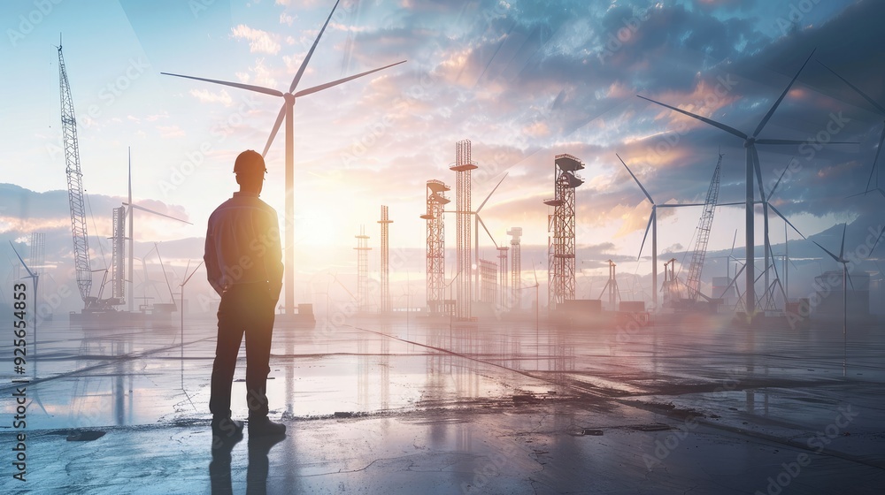 Construction project concept on wind turbine background image of green ...
