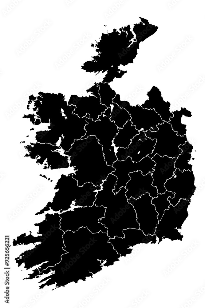 Flat black and white Ireland map with city and county boundaries ...