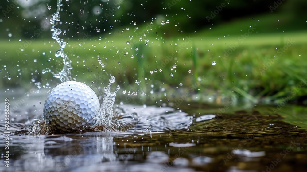 A golf ball making a splash as it lands in a water hazard, capturing ...