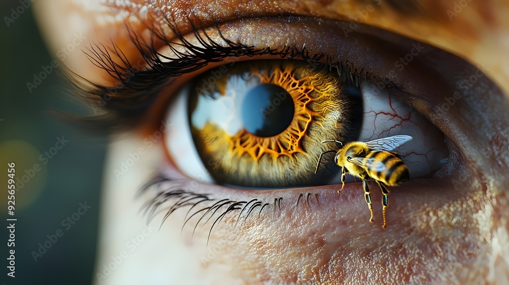 A macro image of a bee near a detailed eye, highlighting golden iris ...