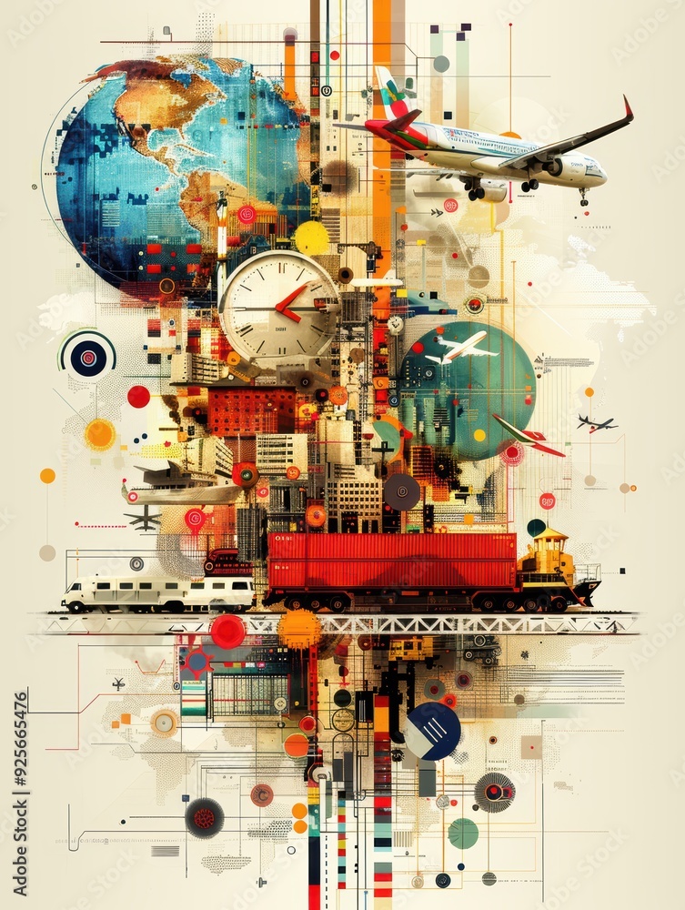 A colorful collage of various elements including a clock, an airplane ...