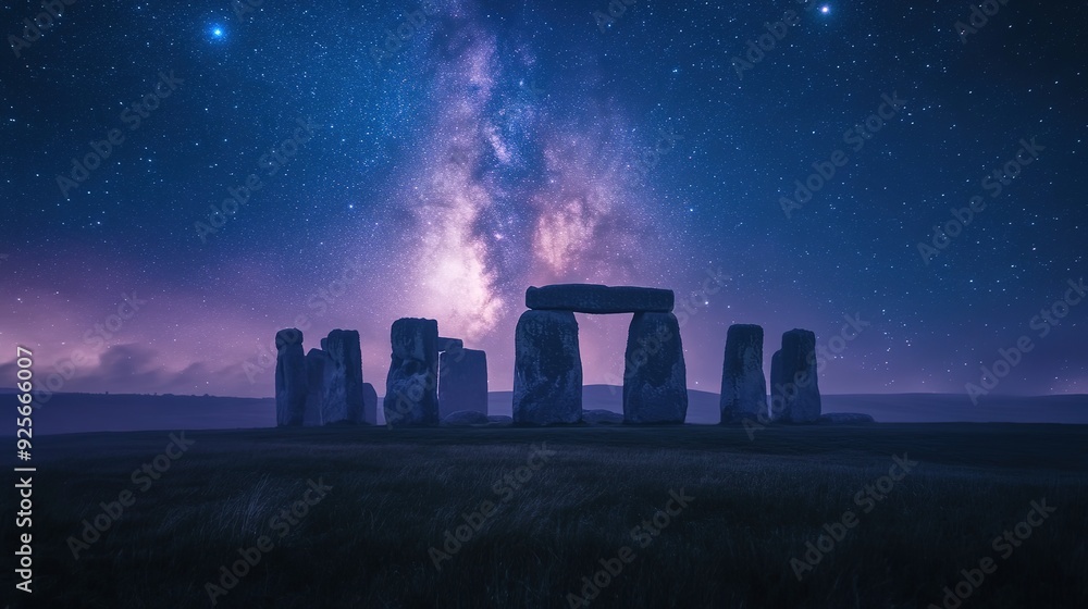 Starry Night at Stonehenge Illuminated by the Aurora Borealis and Milky Way, Ancient Monuments ...