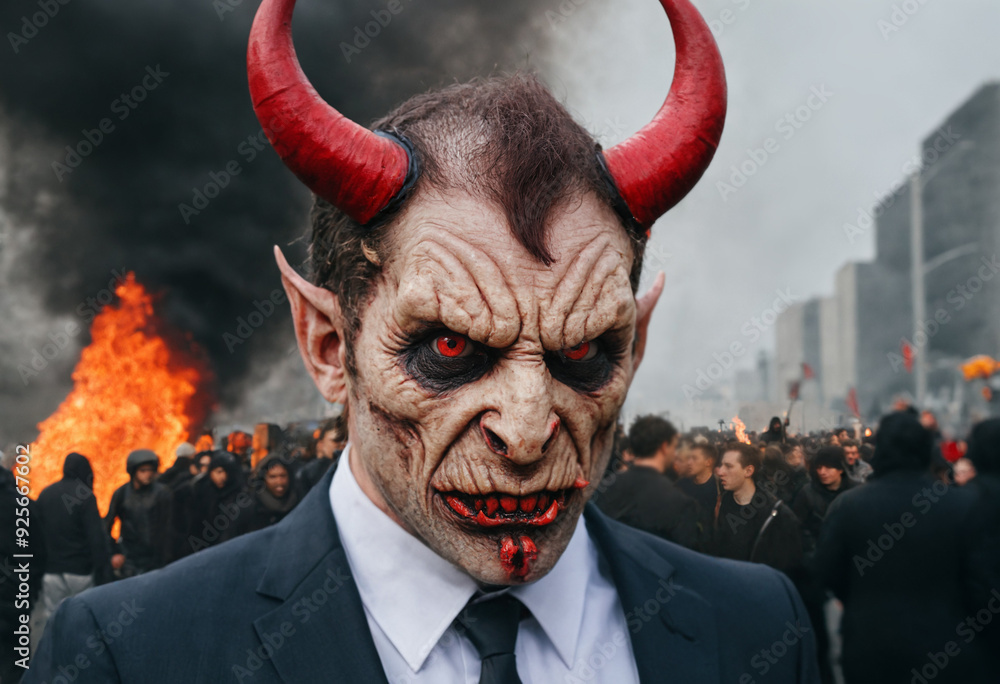 Satan in a business suit with red horns and glowing eyes manipulates a ...
