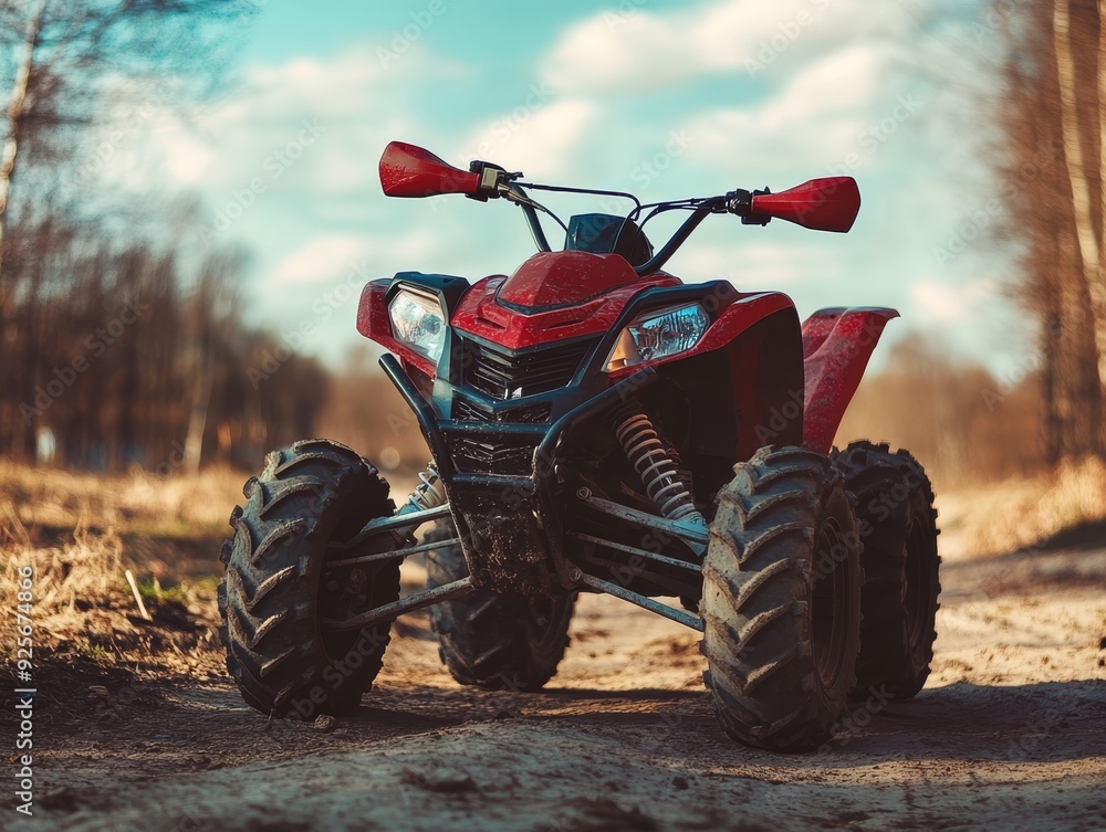 Rugged atv quad bike parked in rural village setting for extreme sport ...