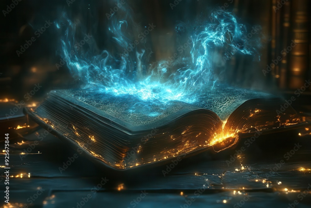magical tome with glowing pages emanating swirling tendrils of light ...