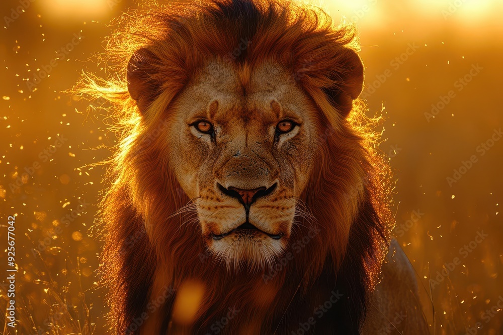 majestic lion portrait with piercing gaze and flowing mane golden hour ...