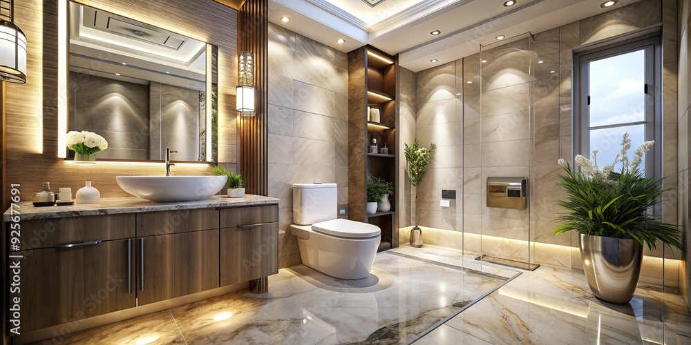 Elegant bathroom features a sleek, high-tech toilet with advanced bidet ...