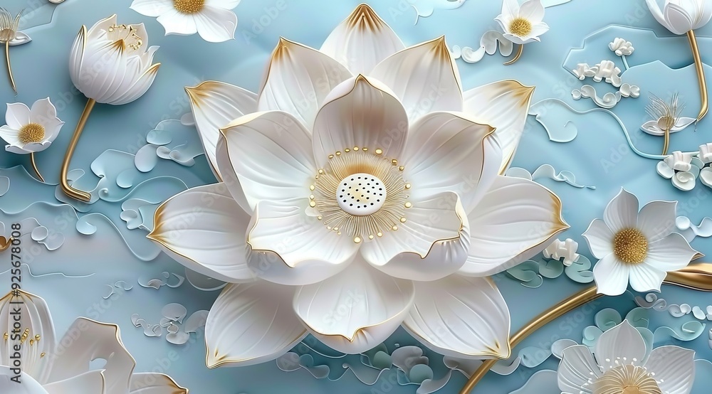 3D white lotus flower, with a golden core in the center of each petal ...