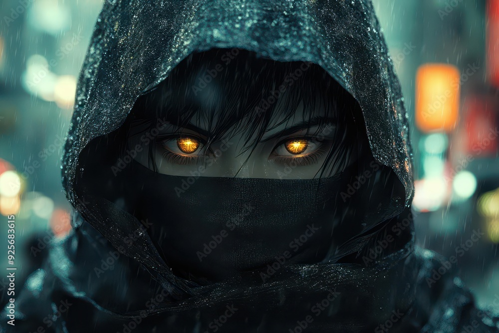 mysterious anime character hooded figure with partially obscured face ...