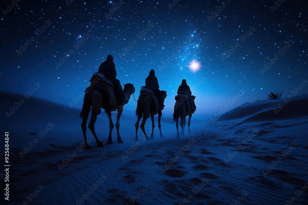 nativity journey silhouette three wise men on camels following the star ...