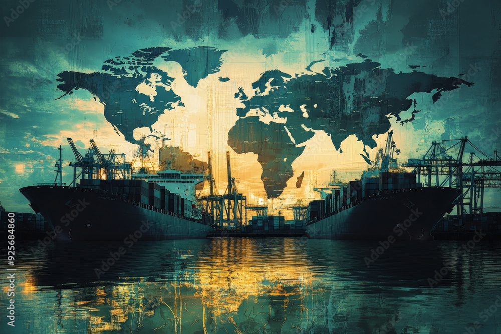 Global trade symbolism cargo ships in harbor with world map overlay ...