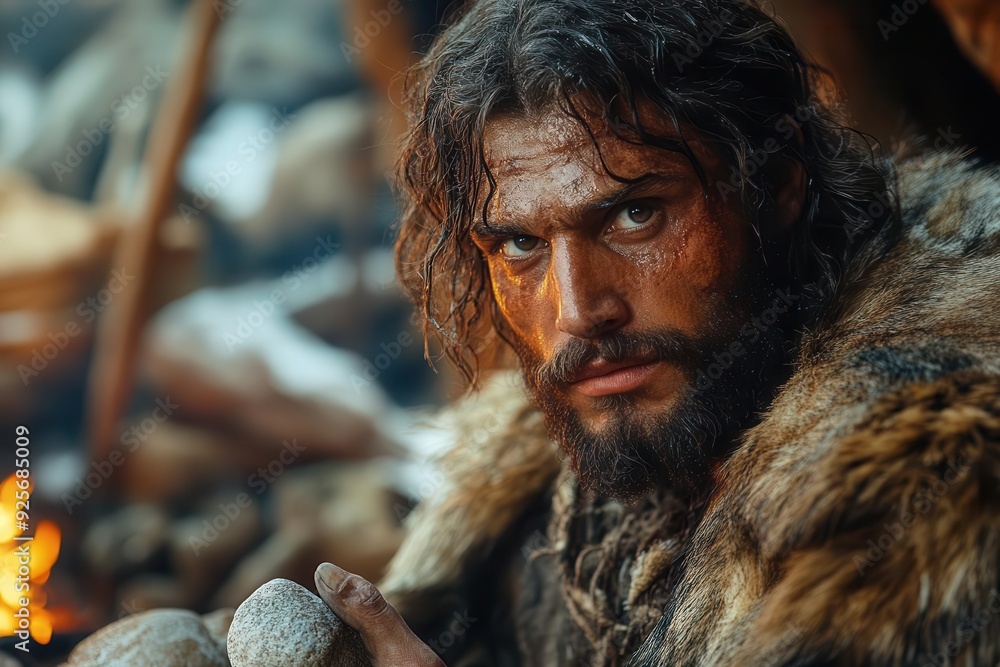 neanderthal crafting stone tools prehistoric cave dwelling backdrop ...