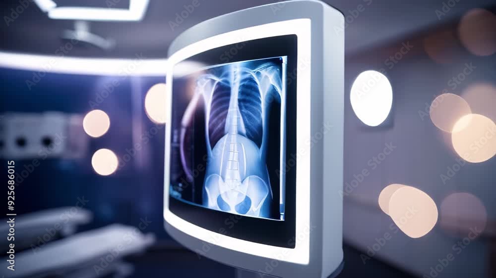 A digital X-ray display showing the frontal view of a human skeleton in ...