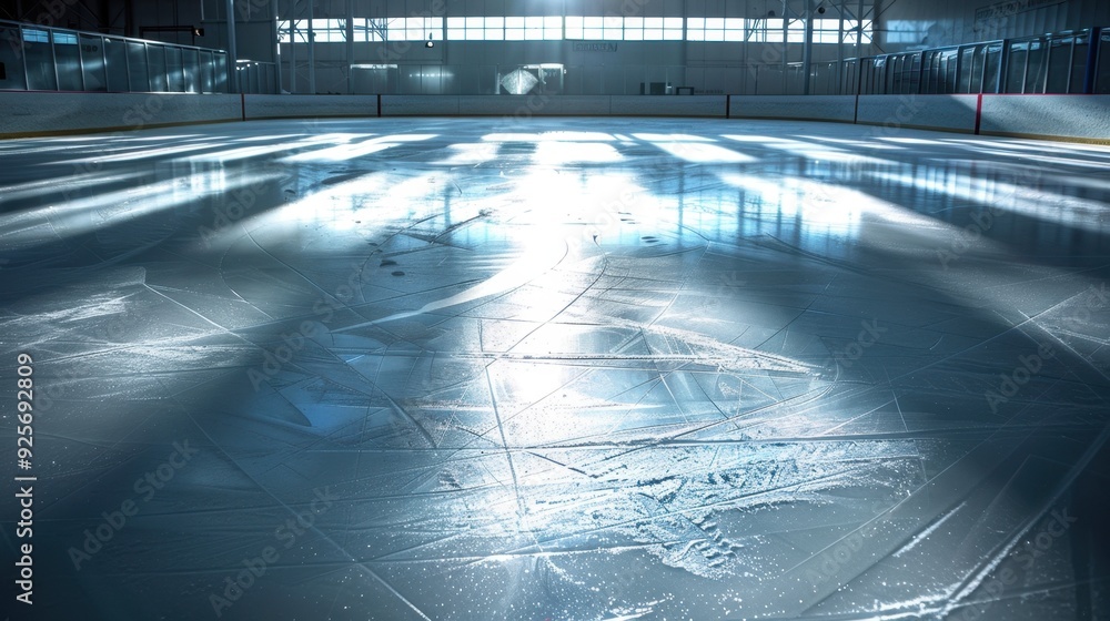 An empty ice rink with spotlights casting long shadows across the ...