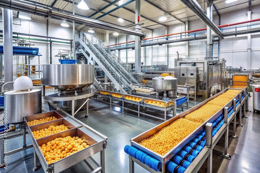 Industrial food processing facility with stainless steel machinery ...