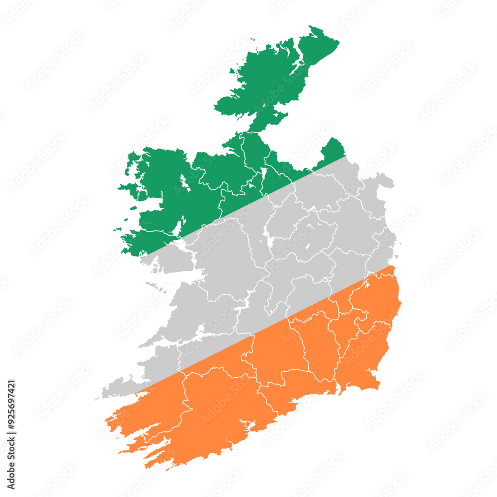 Colors of the Ireland flag on a map of Ireland with territorial ...