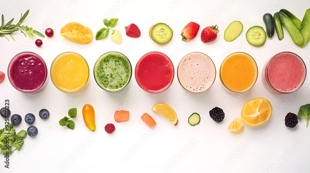 Smoothie with fresh pressed fruit and vegetable juices over a white ...