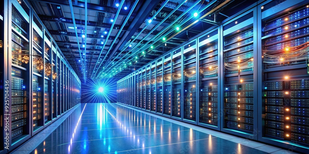 Modern data center server room with rows of futuristic servers ...