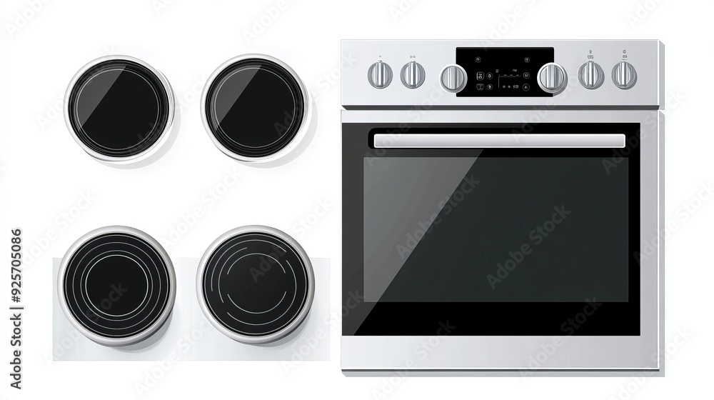 Front and top views of an electric stove and induction cooking panel ...