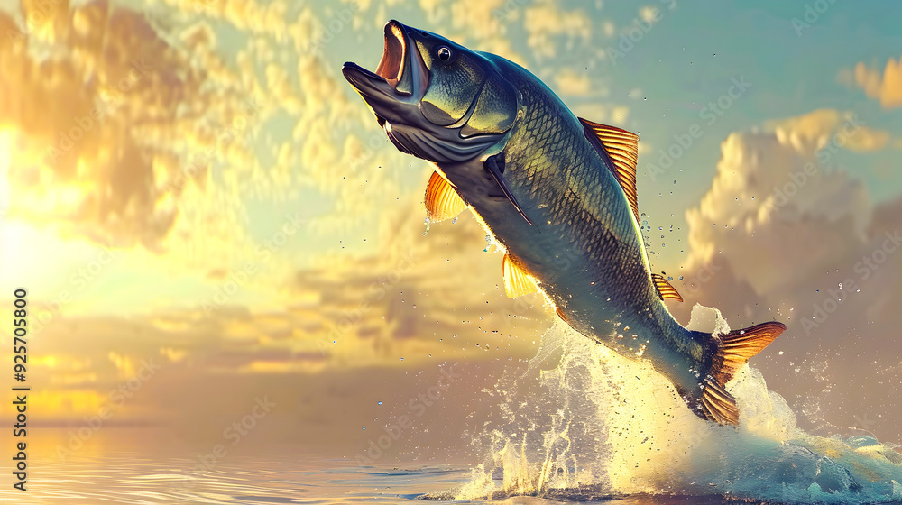Powerful and dynamic image of a large fish jumping forcefully out of ...