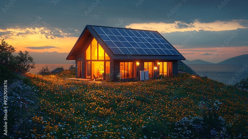 Solar Cell House at Night with Batteries: A house with solar panels and ...