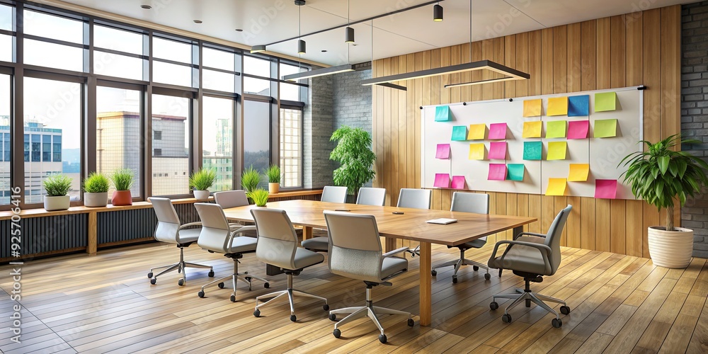 Modern office interior with a large whiteboard covered in colorful post ...