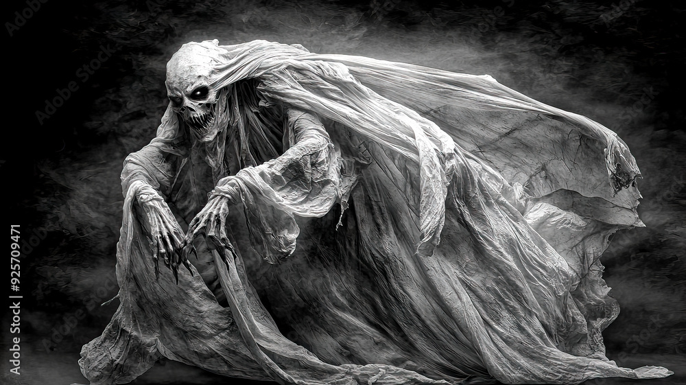 Floating creepy skeletal supernatural ghost with sinister expression ...