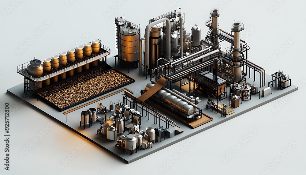 3D Model Illustrating Biomass Pyrolysis Stages from Raw Material to Bio ...