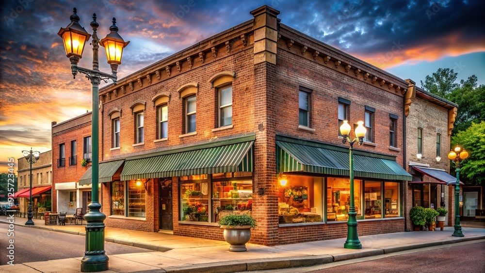 Rustic small town grocery store with vintage signage and worn brick ...