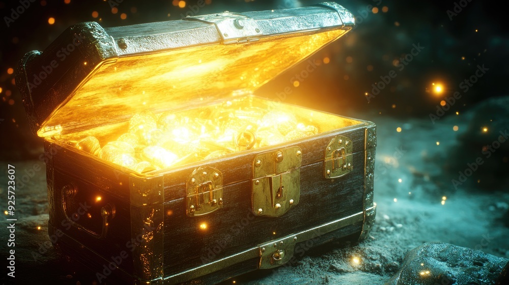 Ancient treasure chest glows with a magical light, open to reveal its ...