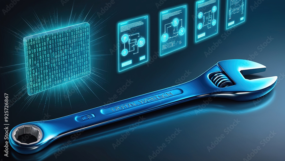 Blue digital wrench spanner with glowing binary code, AI in maintenance management systems ...