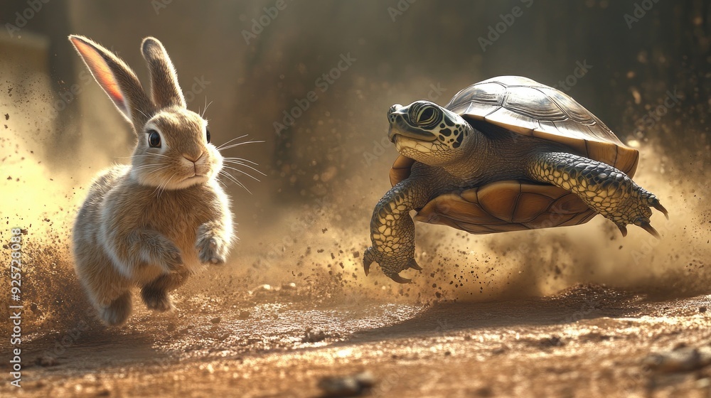Dusty track race: A rabbit and a turtle racing in a sunlit, dusty ...