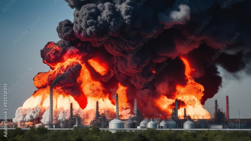 Dramatic industrial explosion with flames and smoke engulfing a plant ...