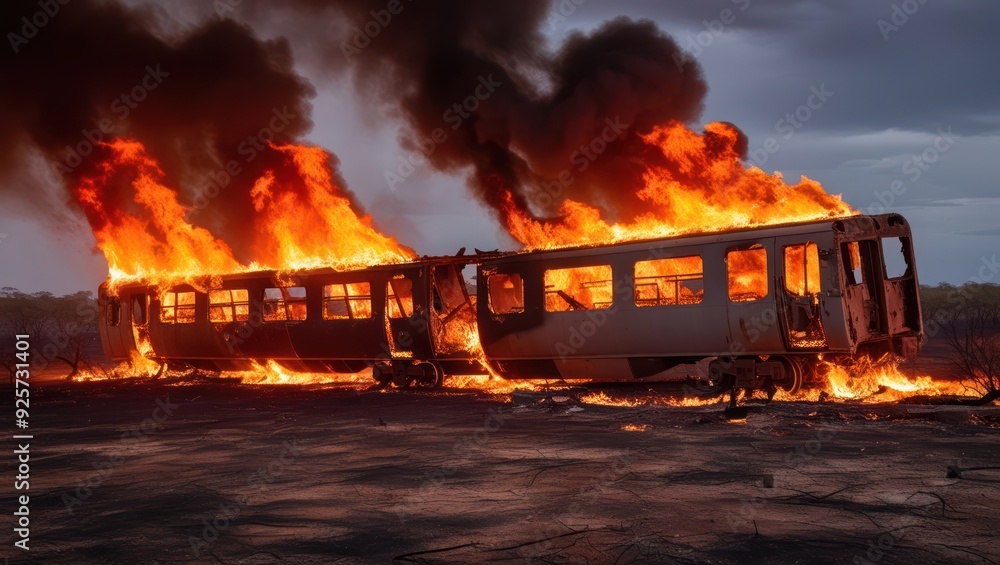 Burning train amidst heavy smoke represents catastrophic industrial ...