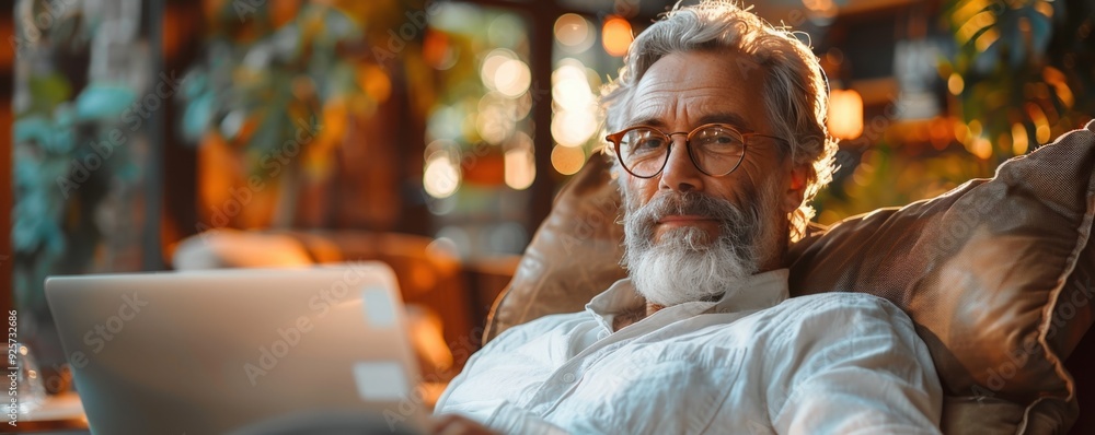 Man relaxing in a recliner with laptop, blending work with leisure ...