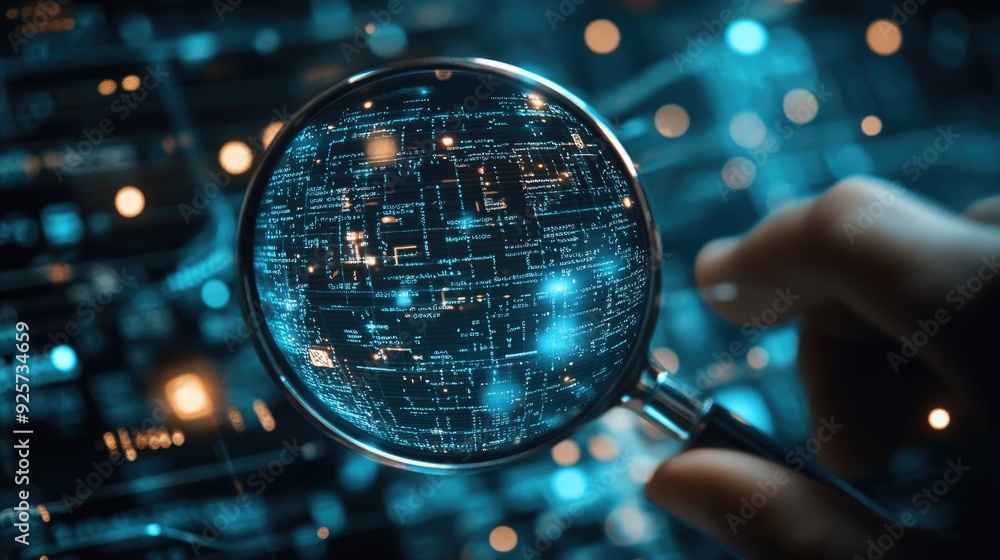 Magnifying glass focused on a document in a digital setting ...