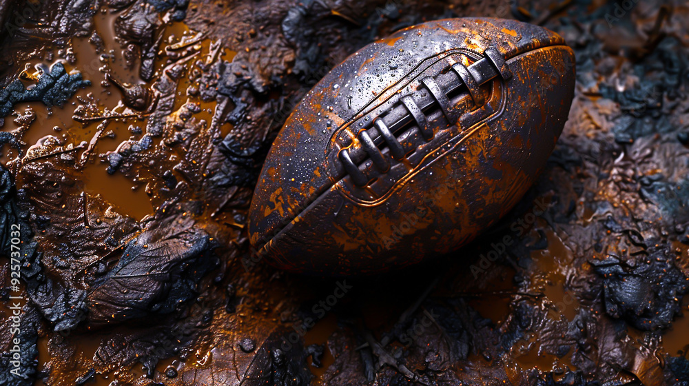 Wornout American football on a muddy field, gritty theme, top view ...