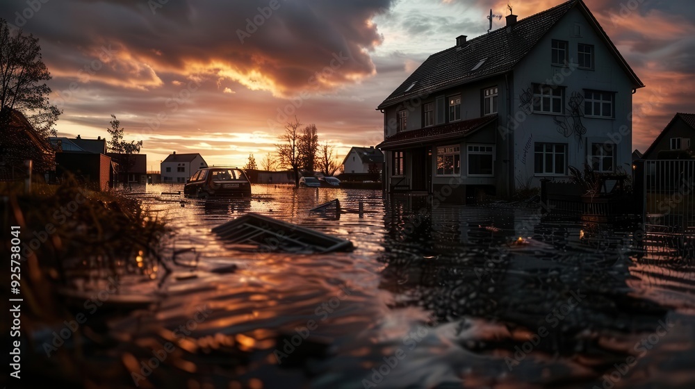 Flood devastation scene with submerged houses and rescue operations ...