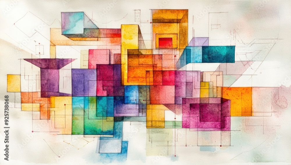 Abstract watercolor painting of an architectural plan with colorful ...