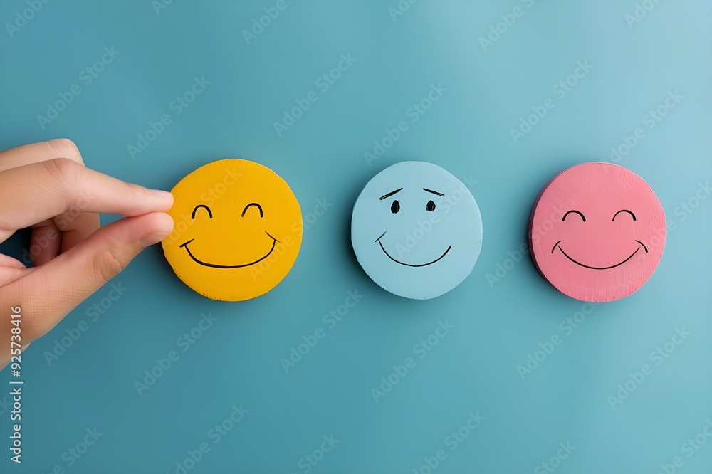 Hand touching happy smiley face symbol on blue background with other ...