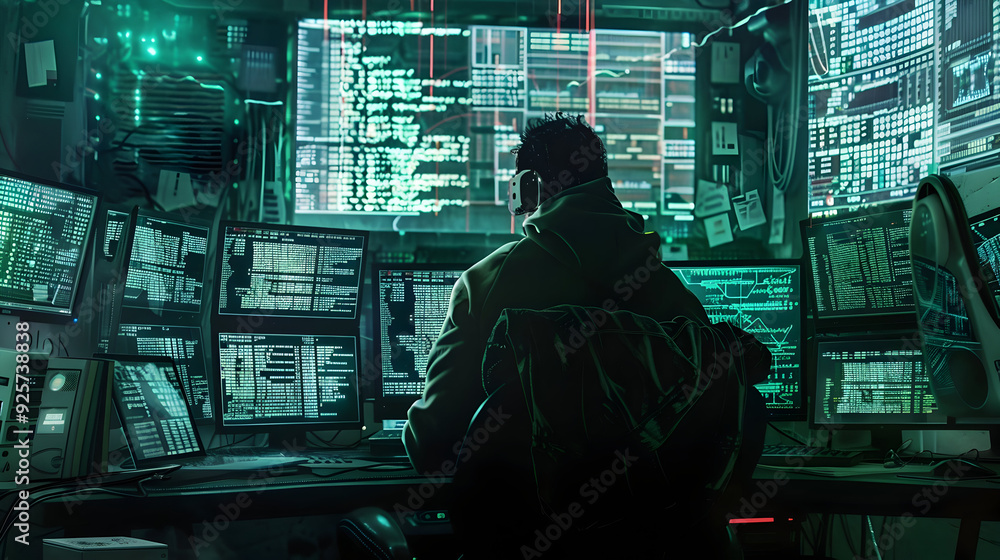 Undead hacker plots in a lair of flickering screens and code Stock ...