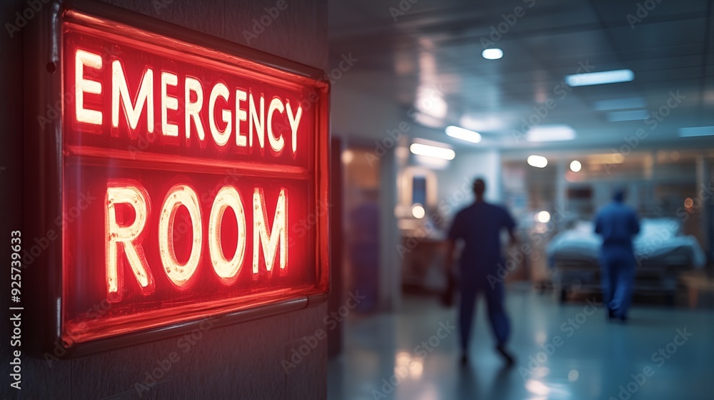 Sign that reads “EMERGENCY ROOM” with blurred background of a hospital ...