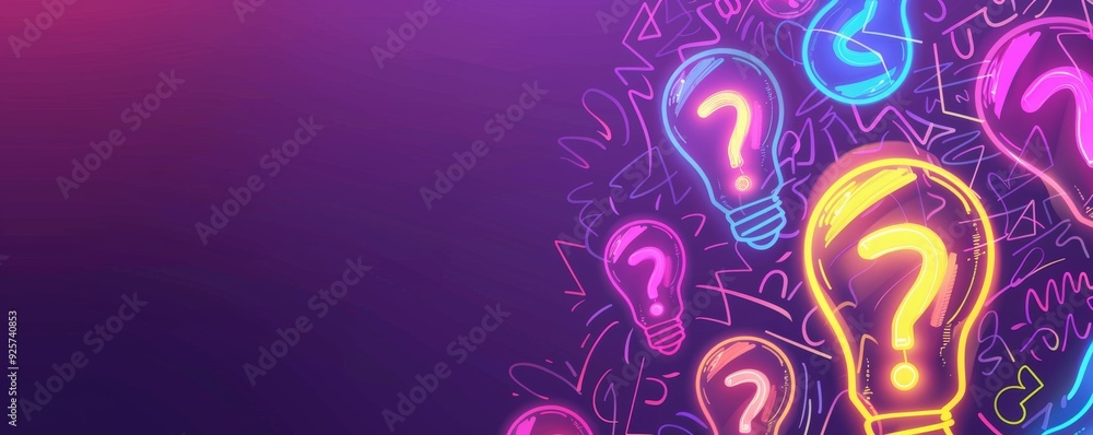 Light bulbs with question marks, neon creative illustration, visual ...