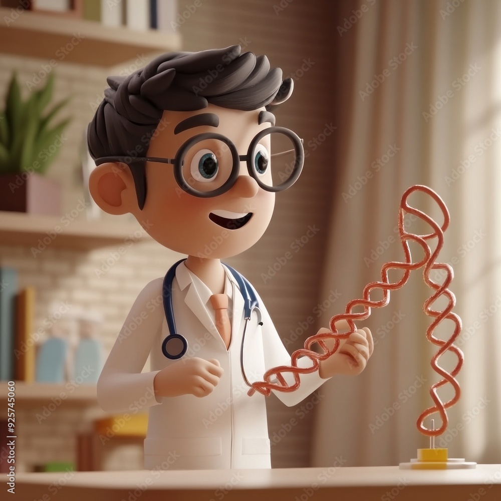 3D Cartoon Doctor Explains DNA with a Strand - Medical Illustration ...