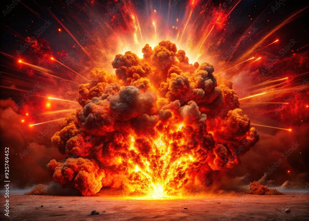 Vibrant crimson flames erupt in a massive, dynamic explosion, sending ...