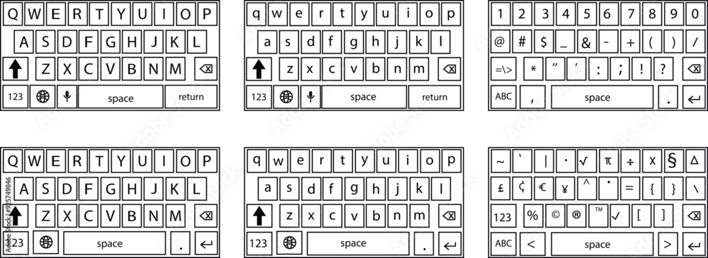 Set of smartphone keyboard in dark mode, keypad alphabet, numerals ...