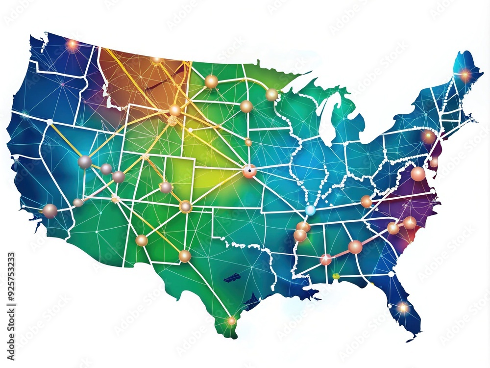 Vibrant illustration of the contiguous United States featuring a ...